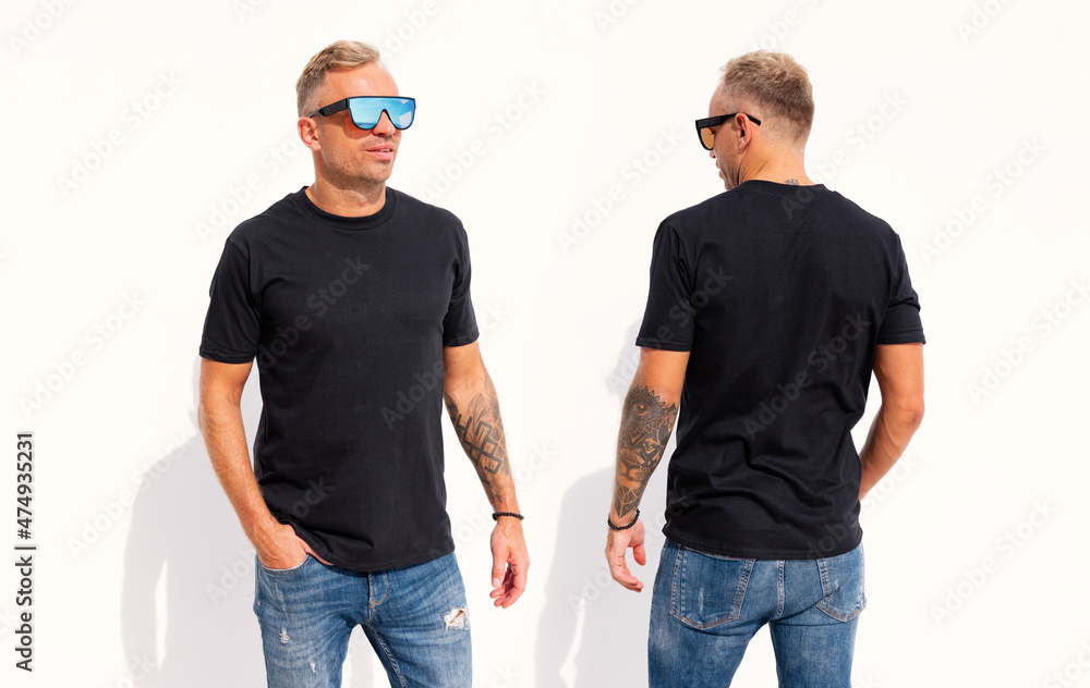 Man wearing black t-shirt, front and back view, mockup for t shirt ...