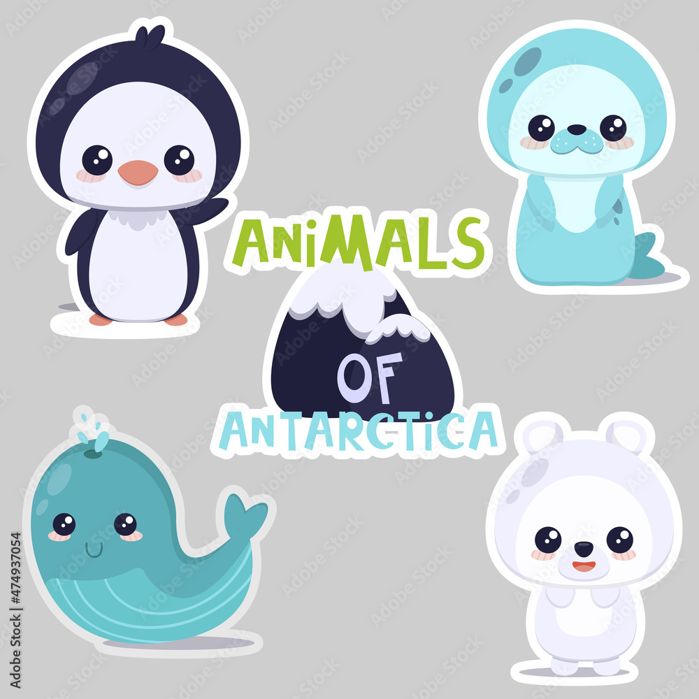 Set of cute little animals of Antarctica penguin, navy seal, polar bear ...