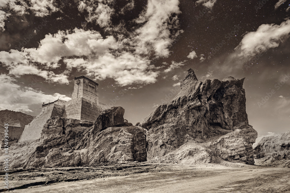 Ruins and Basgo Monastery surrounded with stones and rocks , sky with ... Ruins and Basgo Monastery surrounded with stones and rocks , sky with ...