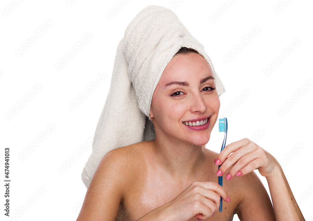 Cute And Excited Beautiful Woman Holds Toothbrush And Wearing Towel On