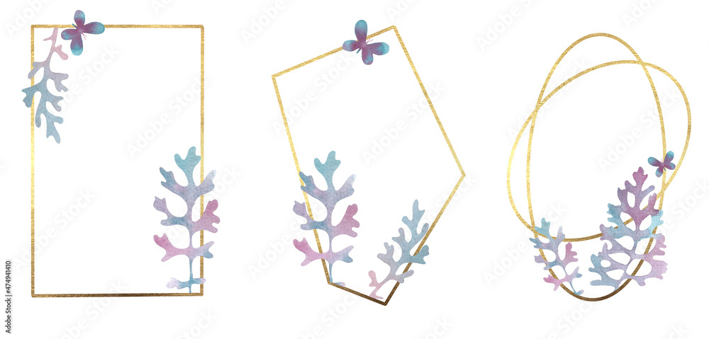 Gold frame with plants. Sample. Empty gold frame with pink and blue ...