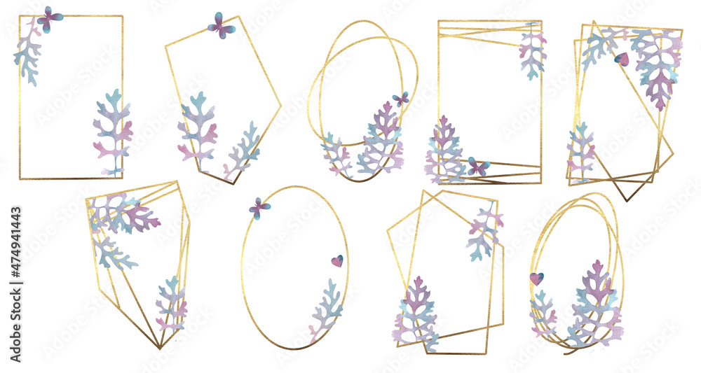 Gold frame with plants. Sample. Empty gold frame with pink and blue ...