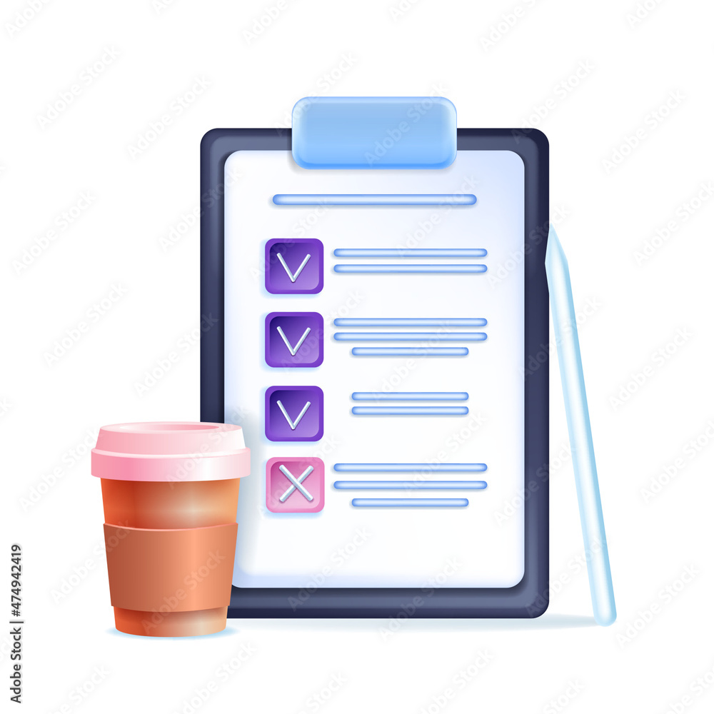 3D checklist document on clipboard, vector test paper illustration ...