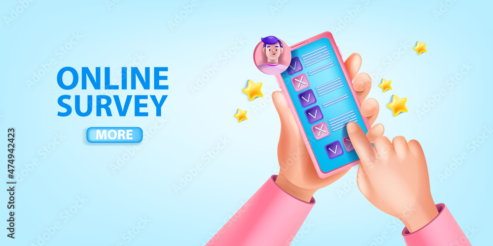 3D online survey banner, vector customer feedback checklist background ...