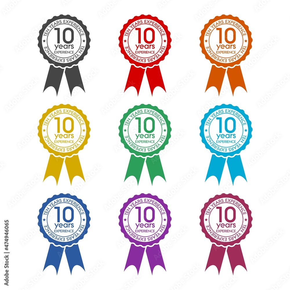 Ten years experience badge isolated on white background, color set ...