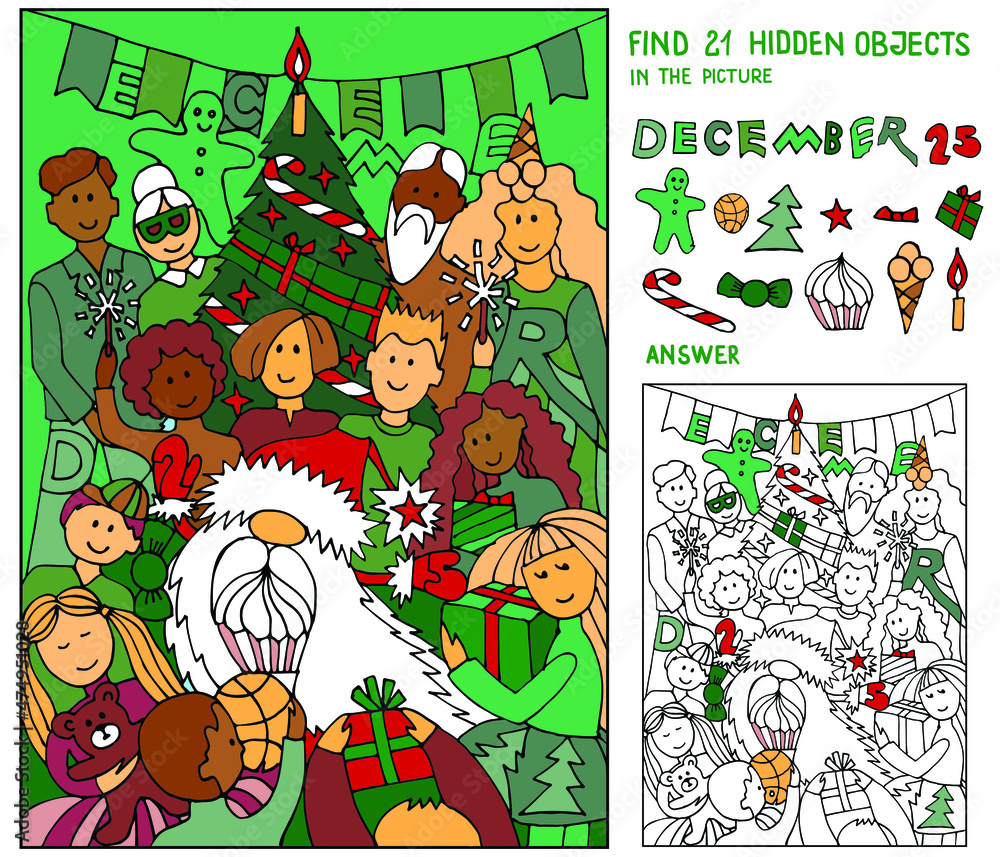 Find hidden objects. Christmas Puzzle for kids. Santa Claus, children ...