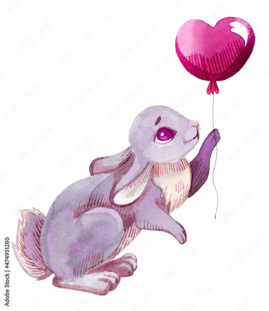 Drawing rabbit of a red heart shape with blots in watercolor on white ...