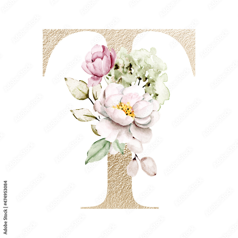 Alphabet, gold letter t with watercolor flowers and leaf. Golden ...