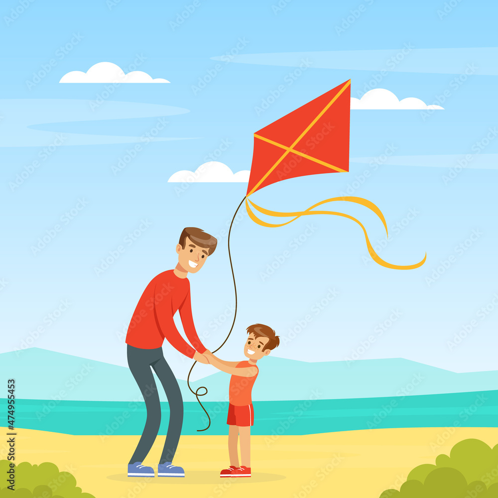Father with His Son Flying Kite Playing Outdoor Vector Illustration ...
