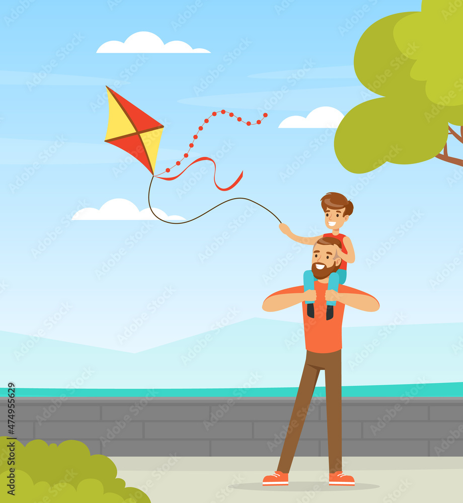 Father with His Son Flying Kite Playing Outdoor Vector Illustration ...