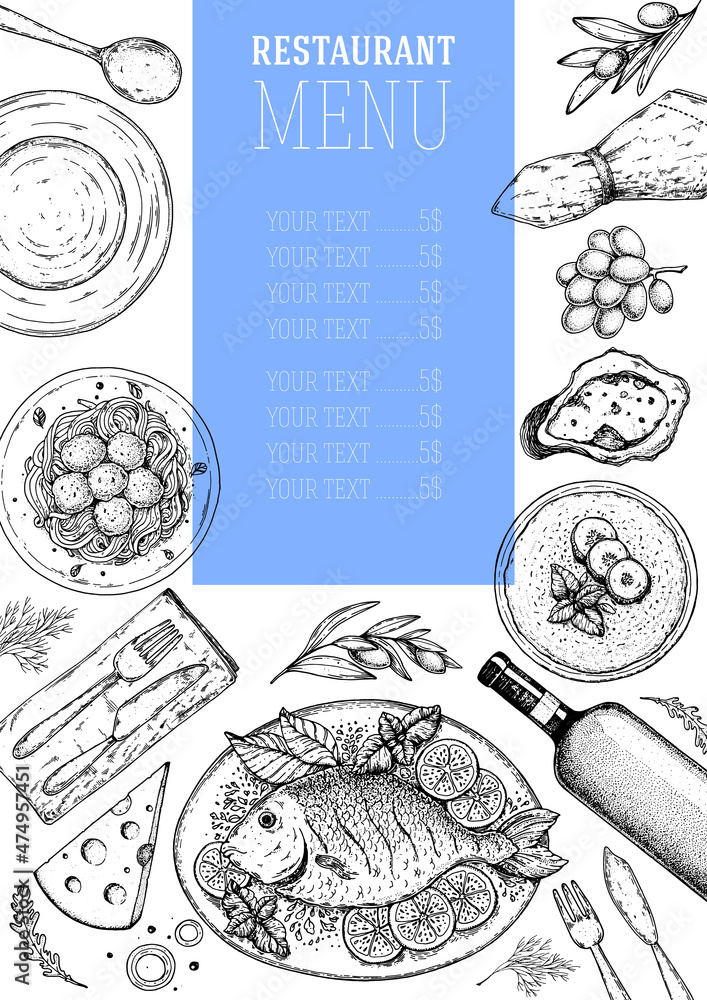 Food top view. Sketch illustration. Hand drawn. Food menu design ...