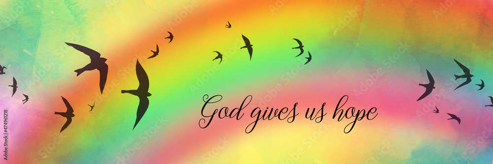 Rainbow background, Church bulletin design, God gives us hope text in ...