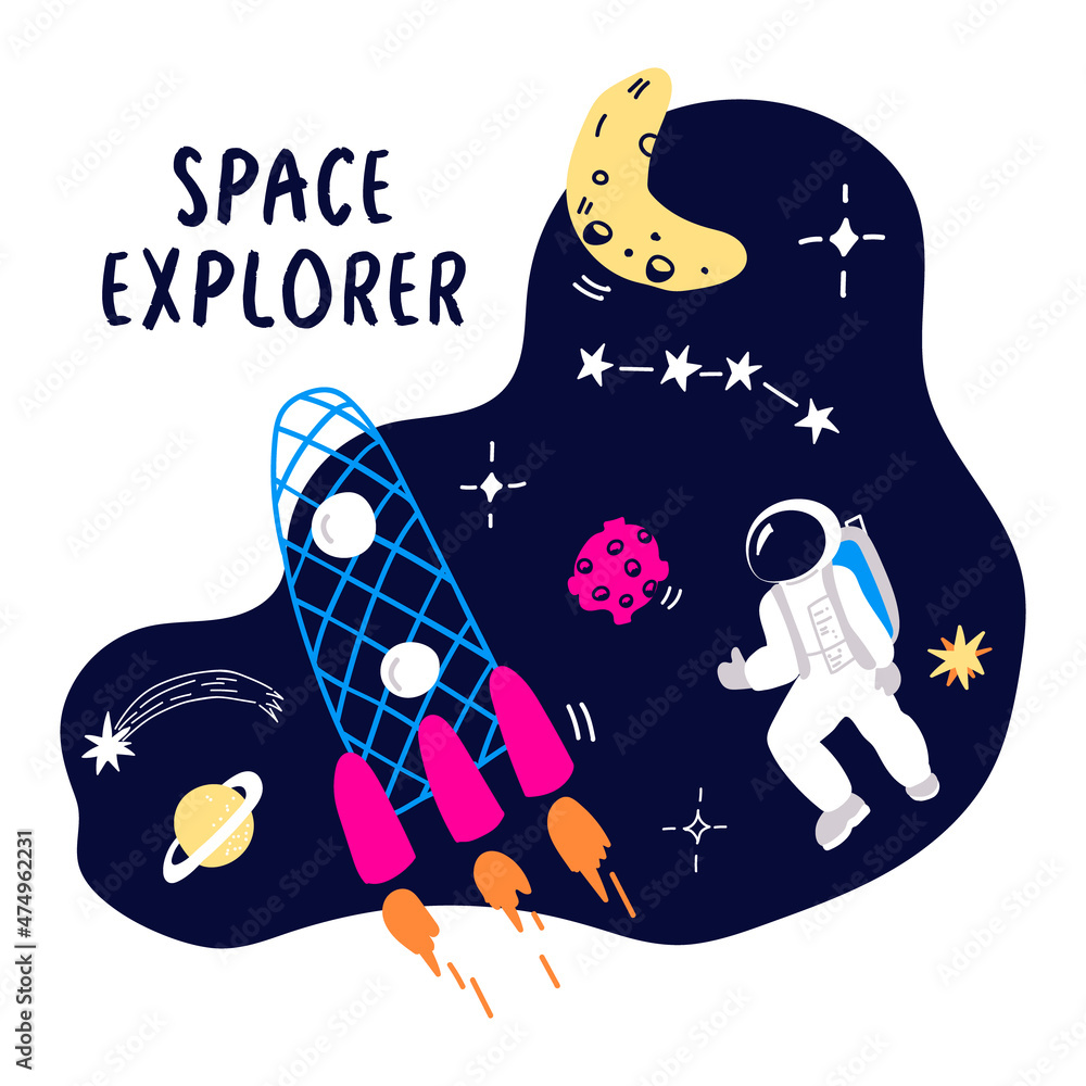 Card with text - Space Explorer. Vector illustration with the starry ...
