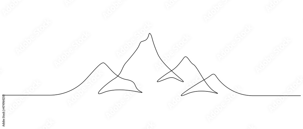 One continuous line drawing of mountain range landscape silhouette ...