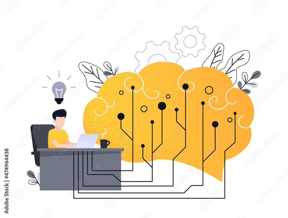 Brain with digital circuit and programmer with laptop. Machine learning ...