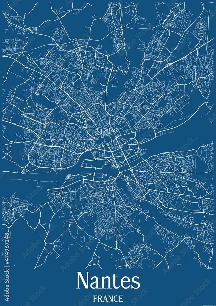 Blue map of Nantes France. Stock Illustration | Adobe Stock
