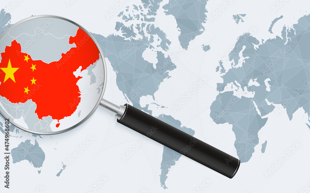 Enlarged map of China on America centered World Map. Magnified map and ...