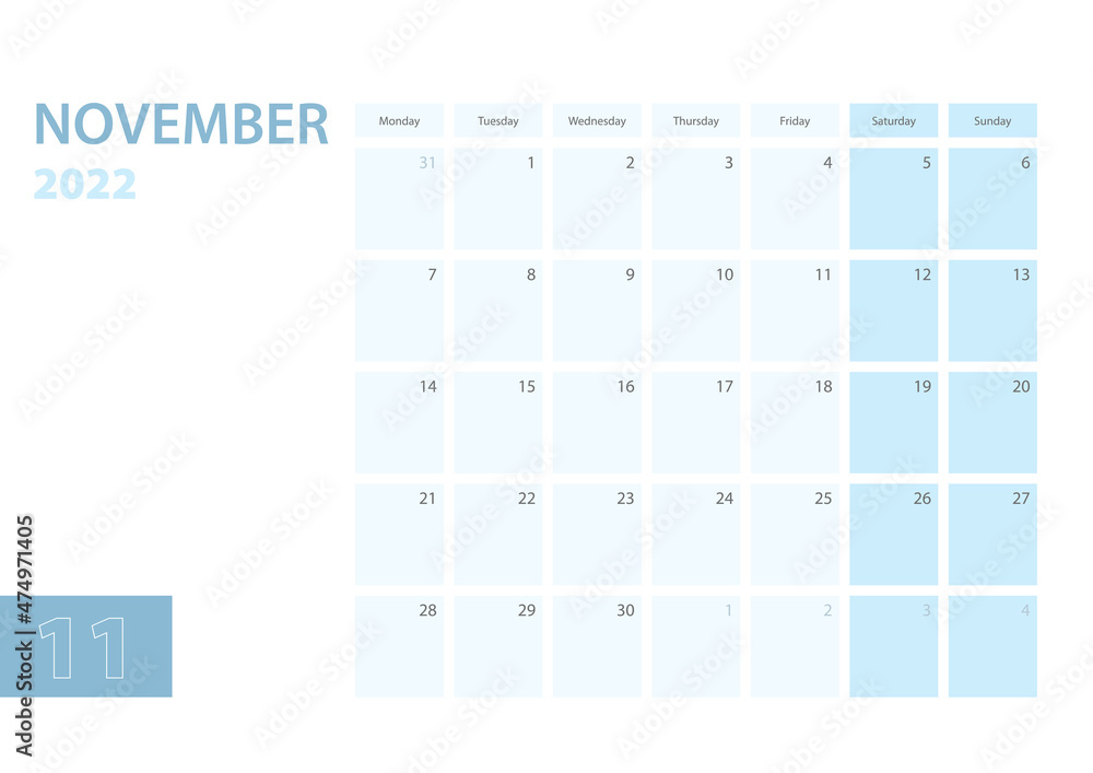 Calendar template for the November 2022, the week starts on Monday. The ...