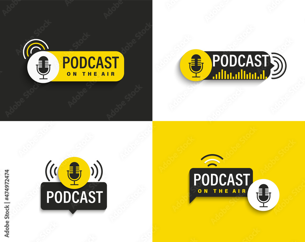 Set podcast symbols,icons,logos in black and yellow with studio ...