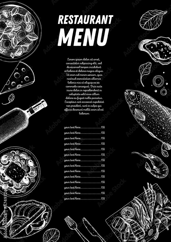 Food menu. Hand drawn sketch. Vector illustration. Restaurant menu ...