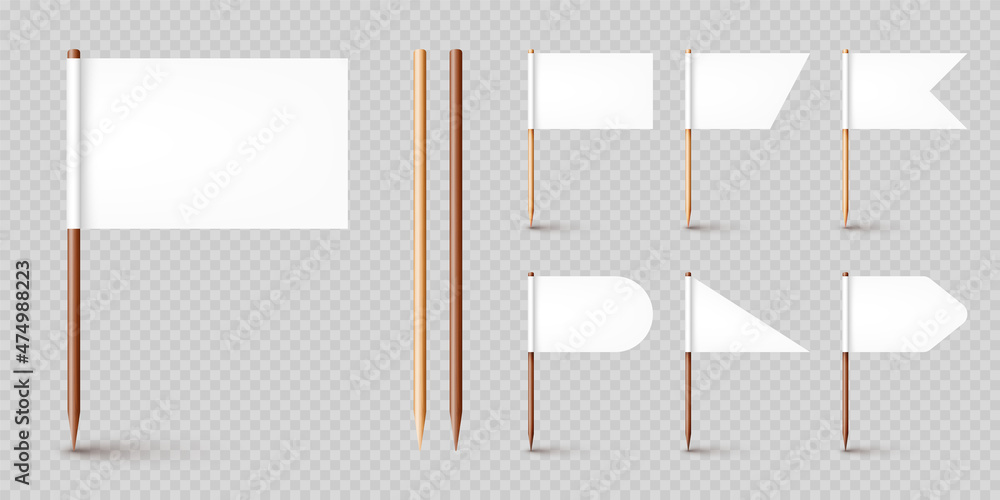 Realistic various toothpick flags. Wooden toothpicks with white paper ...