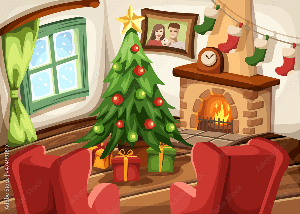 Vector cartoon Christmas living room interior with a fir-tree, a ...