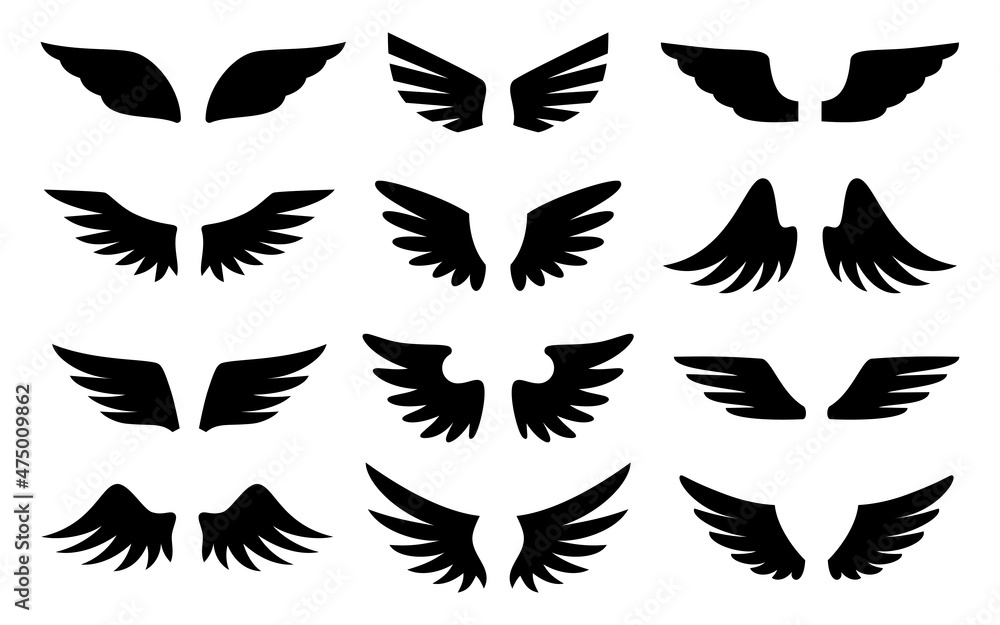 Angel wing stamp print tattoo shape black icon set. Template for ...