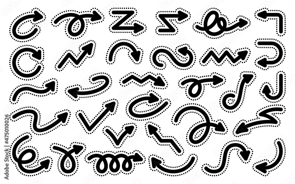Arrow hand drown sticker note curve dot black line flat set. Double ...