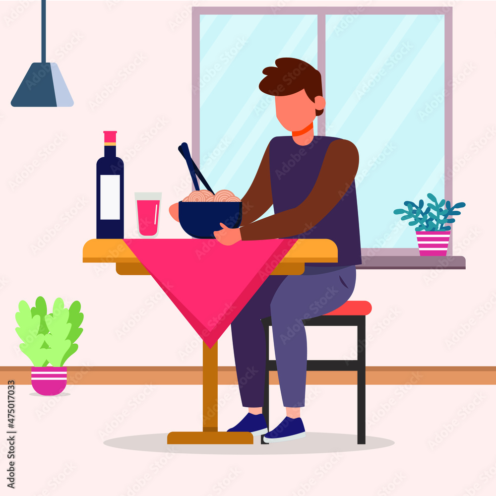 Male dinner alone at the dining table without family and friends ...