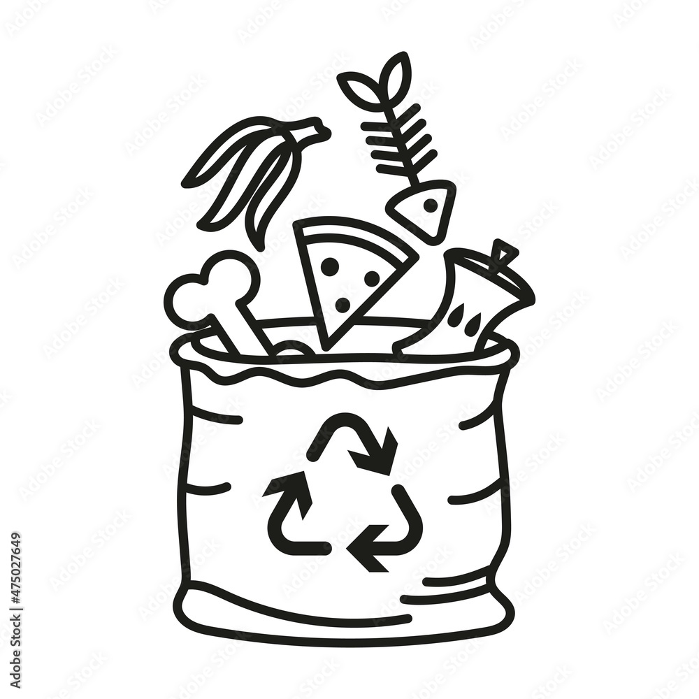 Trash bag with organic waste and triangular waste recycling symbol ...