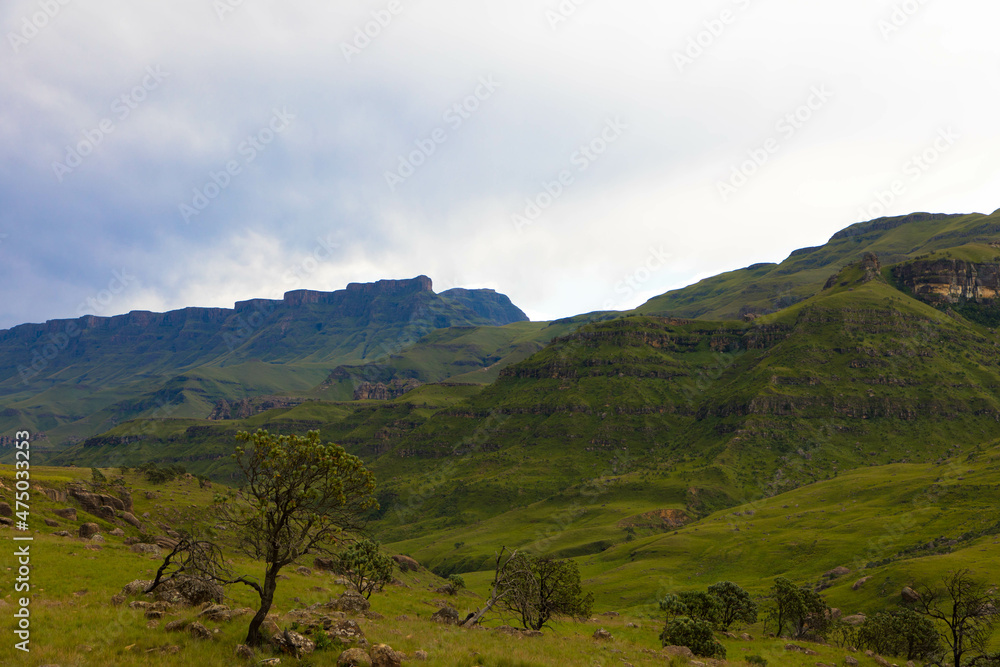 Drakensberg mountains at the border with Lesotho, South Africa. Rural ...