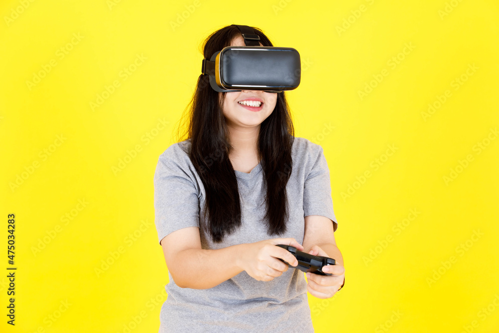 Studio shot of Asian happy young chubby plump long black hair female ...