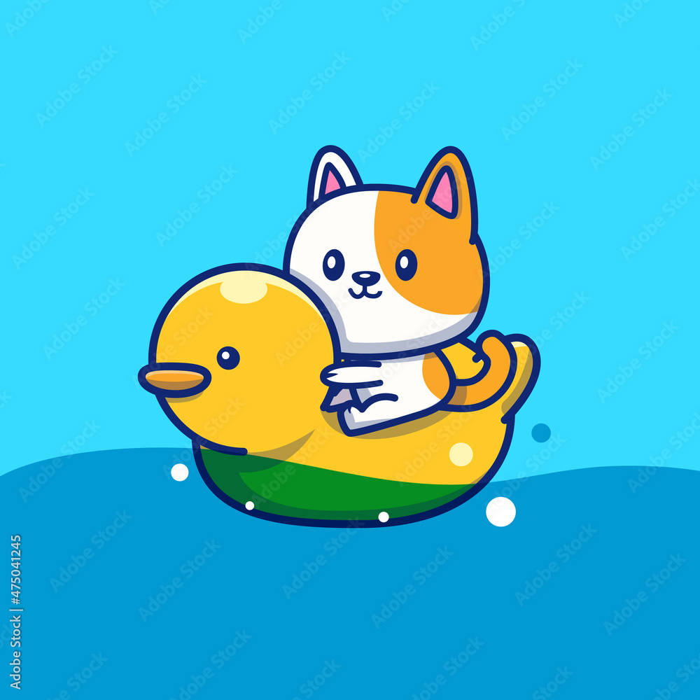 Cute Cat With Swim Ring Duck Cartoon Vector Icon Illustration. Animal ...