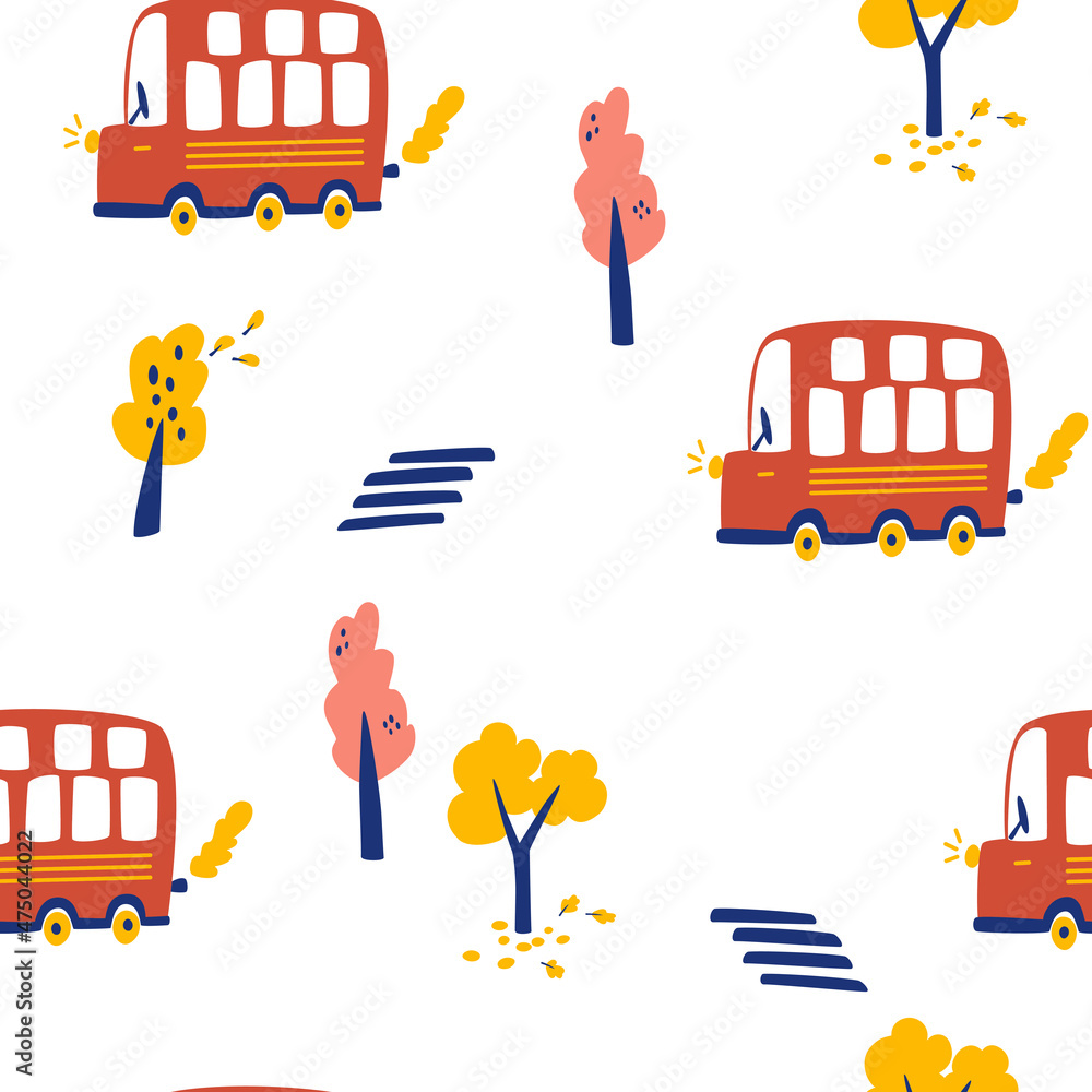 Cartoon bus seamless pattern. Childish background with red tourist bus ...