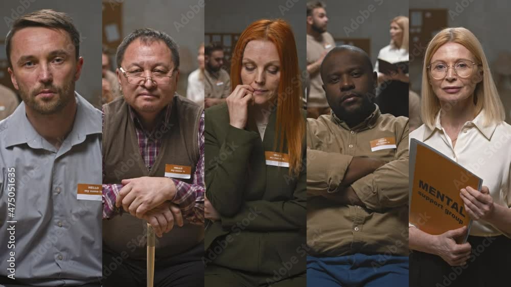 Split screen portraits of diverse people in support group. People from ...