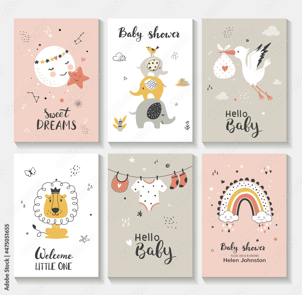 Little lion, moon and star, stork, cute characters set, posters for ...