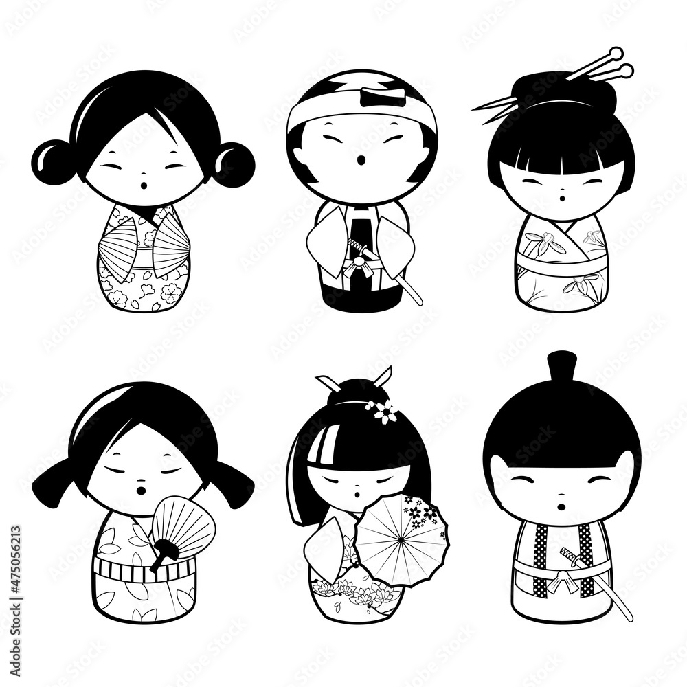 Traditional japanese kokeshi dolls. Black and white vector illustration ...
