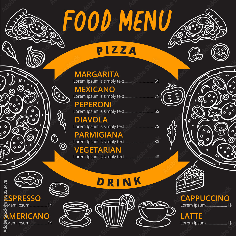 Pizza food menu for restaurant and cafe. Design template with hand ...