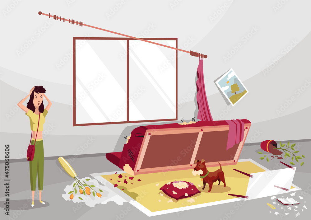 Room damaged by dog. Problem of pet dog owner, bad domestic animal ...