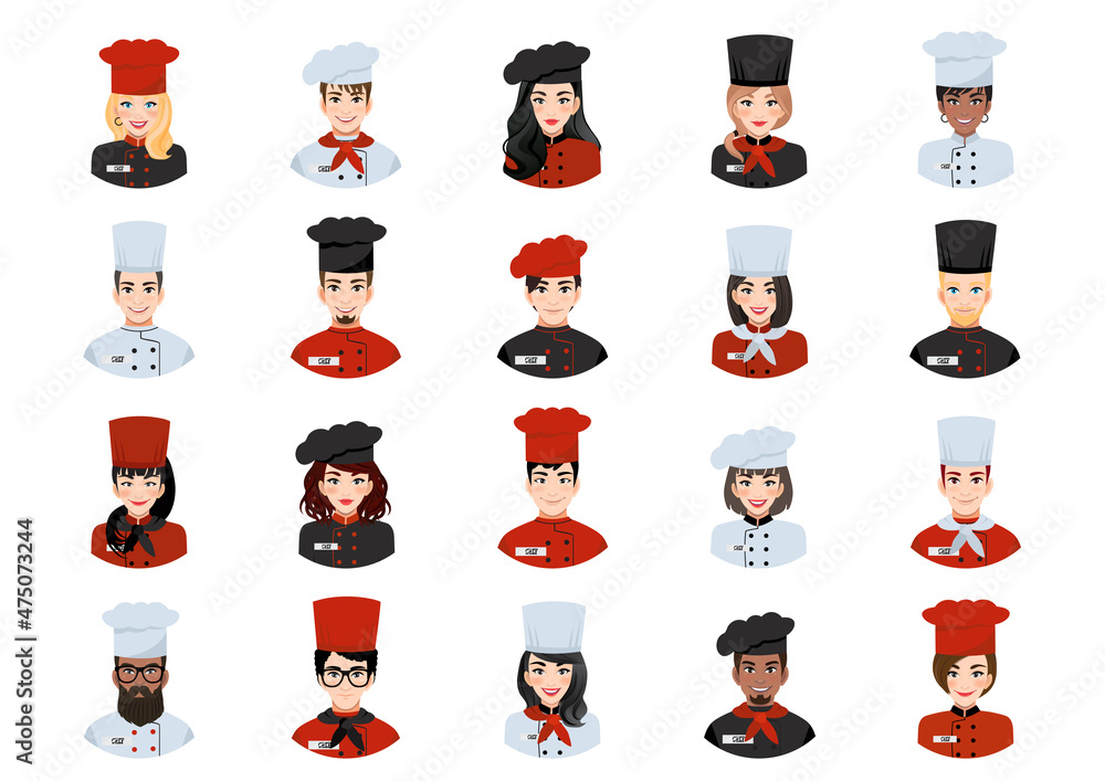 Big bundle of different chef avatars. Set of diverse chef portraits ...