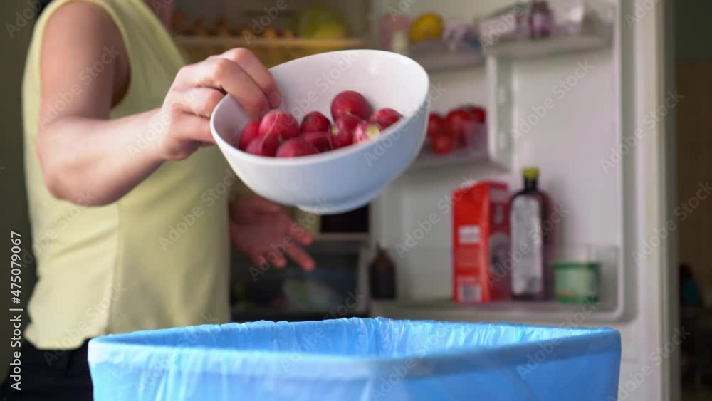 Throwing food waste in the trash. Household food loss. Food spoilage at ...