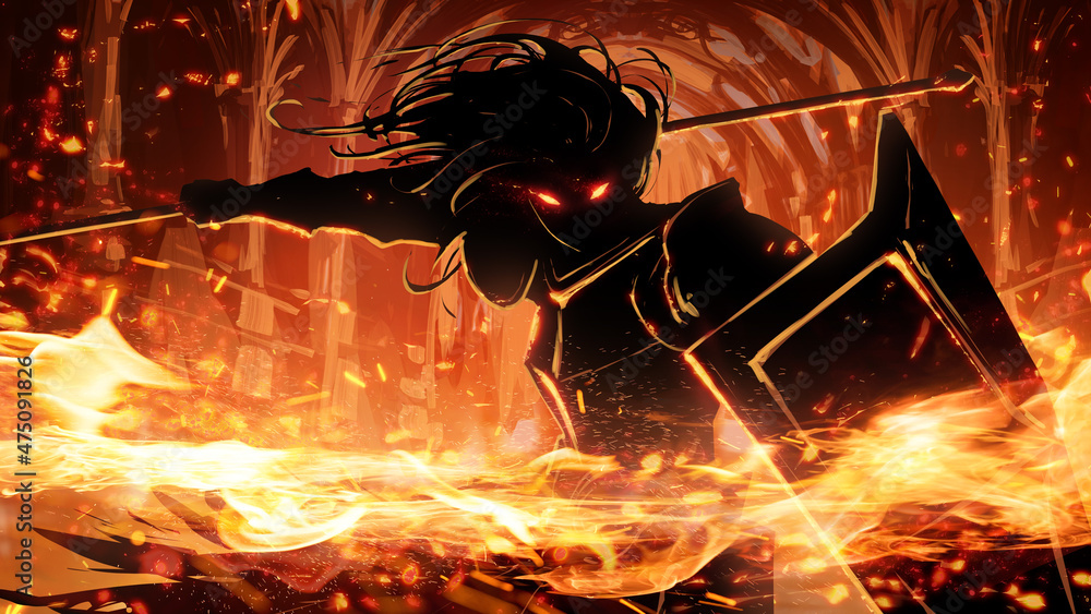 The silhouette of a fierce fiery knight with loose hair, large shield ...