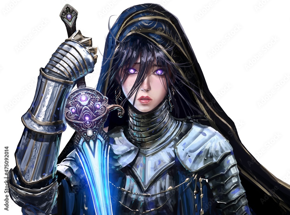 A cute knight girl with long black hair and purple eyes, she is wearing ...