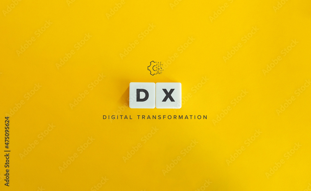 DX (digital transformation) banner and icon. Block letters on bright orange background. Minimal ...