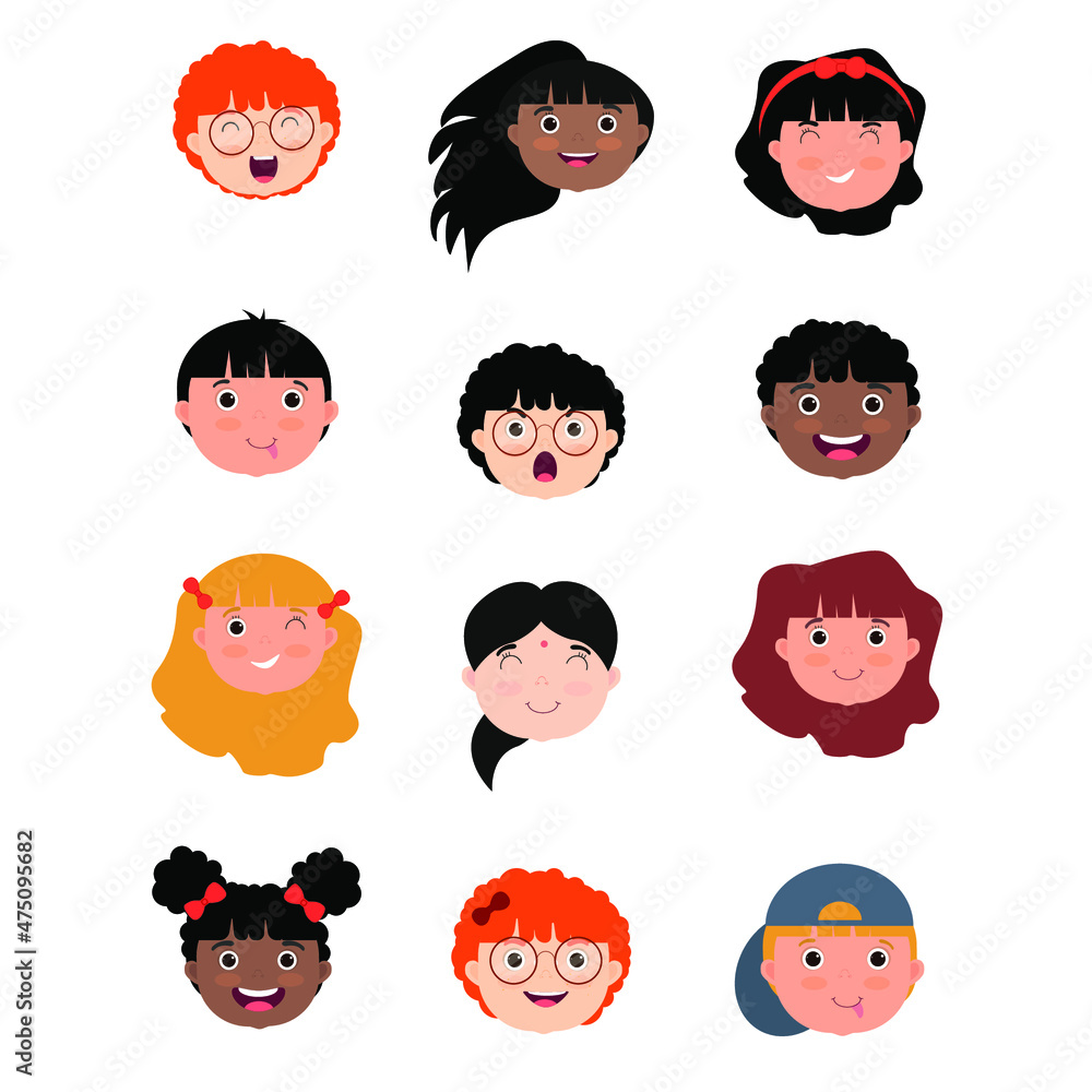Smiling children faces with different hair and skin color. Multiethnic ...