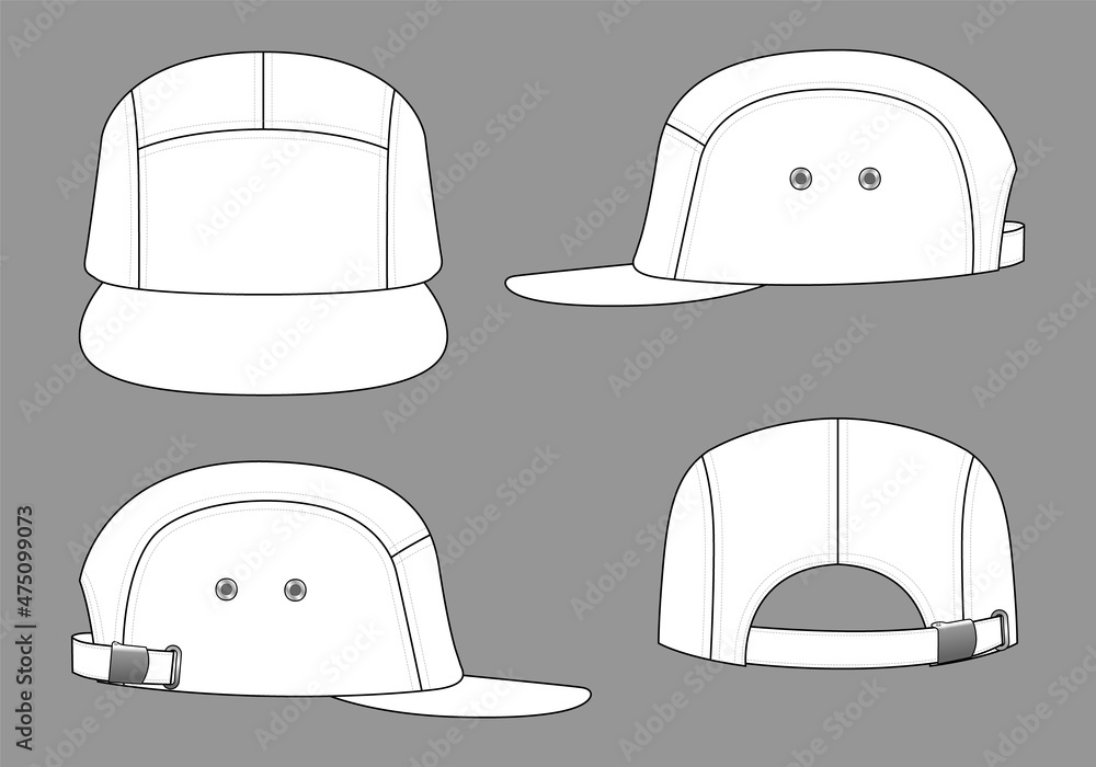 Blank White 5-Panels Cap with Flat Brim Cap and Metal Buckle Strap Back ...