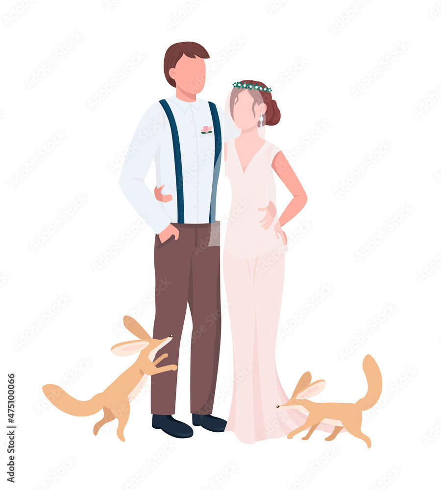 Newlyweds with cute pets semi flat color vector characters. Standing ...