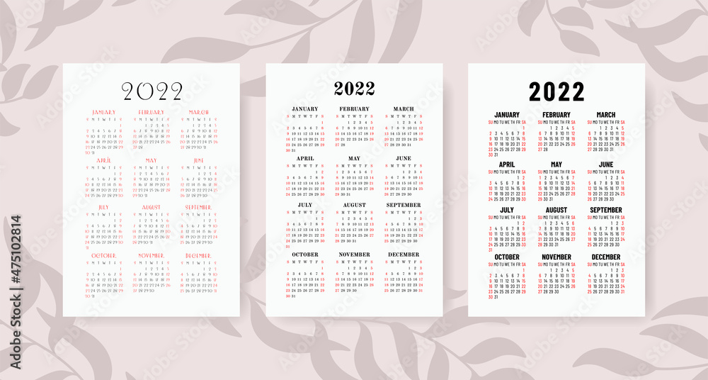 Calendar 2022 year set. Vector template collection. Graphic design ...