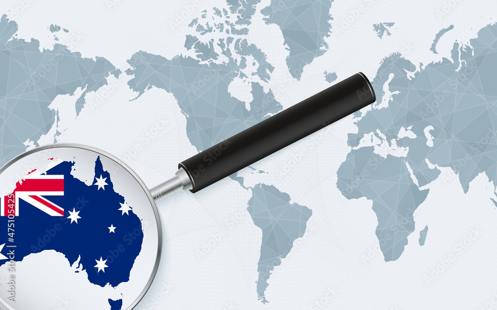 Enlarged map of Australia on America centered World Map. Magnified map ...