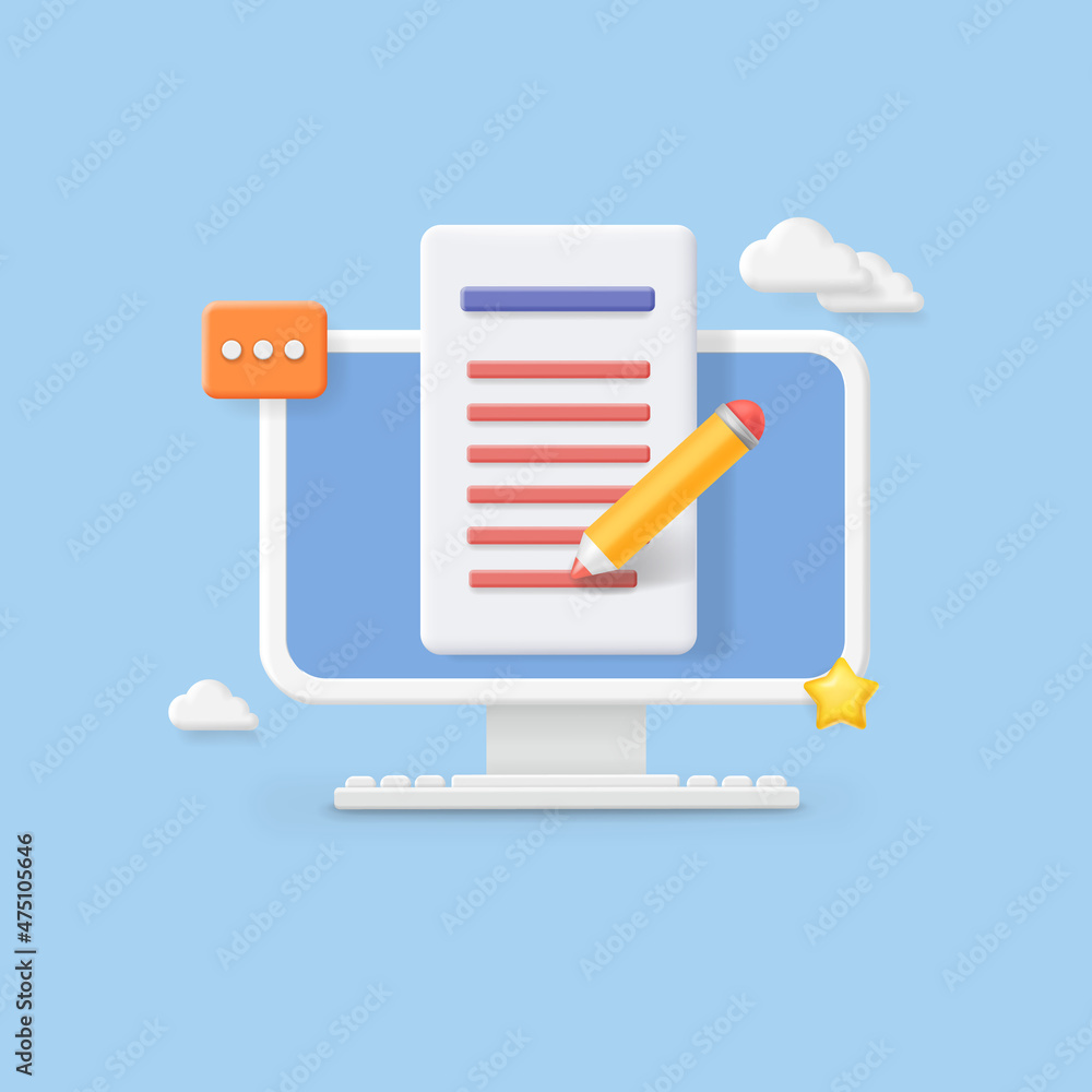 Vettoriale Stock Writing text content. Monitor computer with text file ...